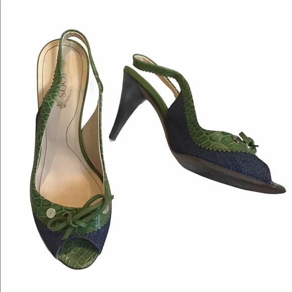 Tod's | Shoes | Tods Fabric Leather Peep Toe Slingback Sandals | Poshmark